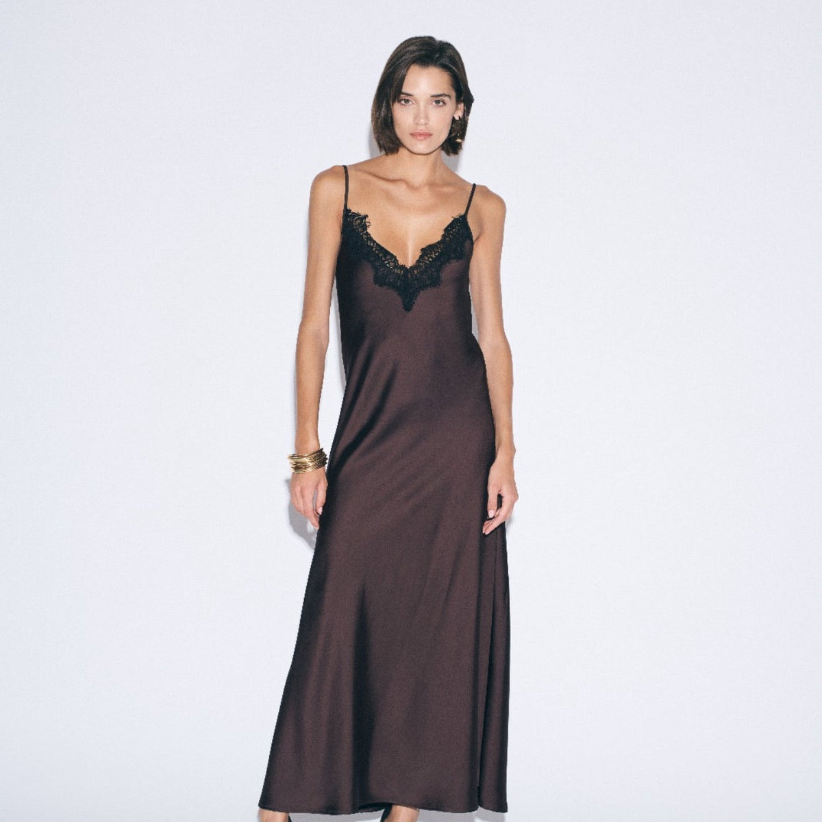 Long Dress with Straps and Lace V-Neckline in Chocolate Brown ...